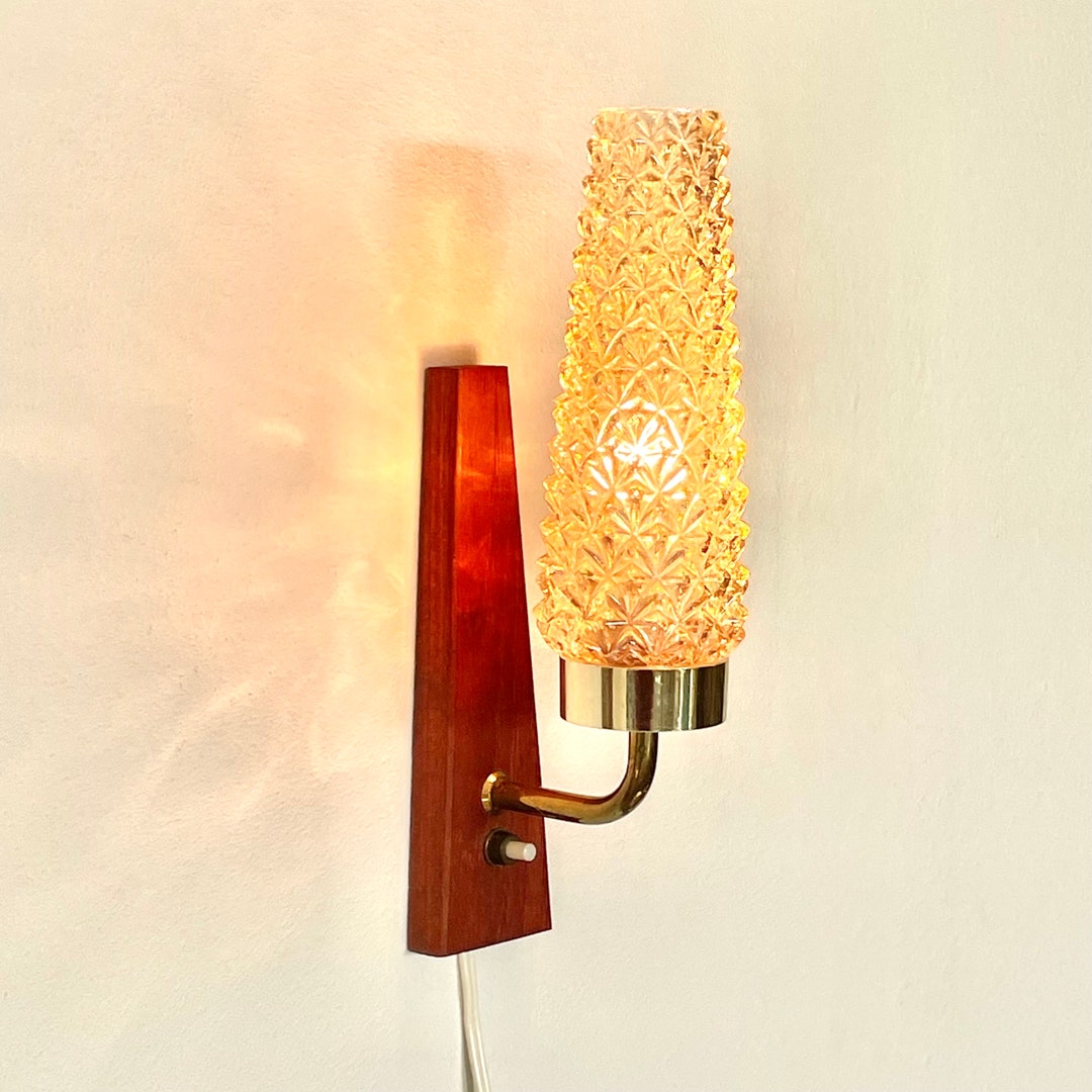 Single Danish Mid Century Teak Wooden Wall Lamp With Heavy Amber Glass ...