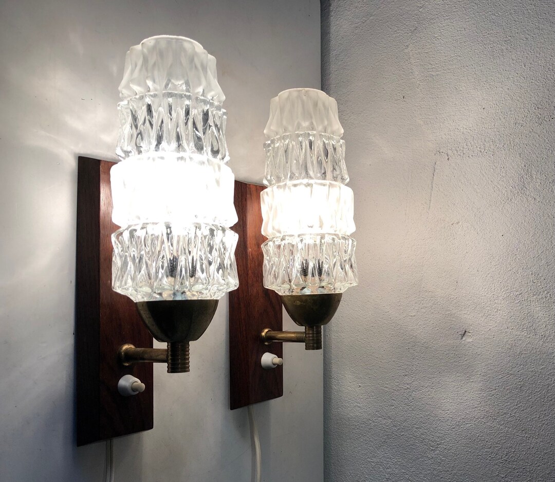 Pair of Vintage Danish Mid Century Teak Wood Wall Lamps With Heavy ...