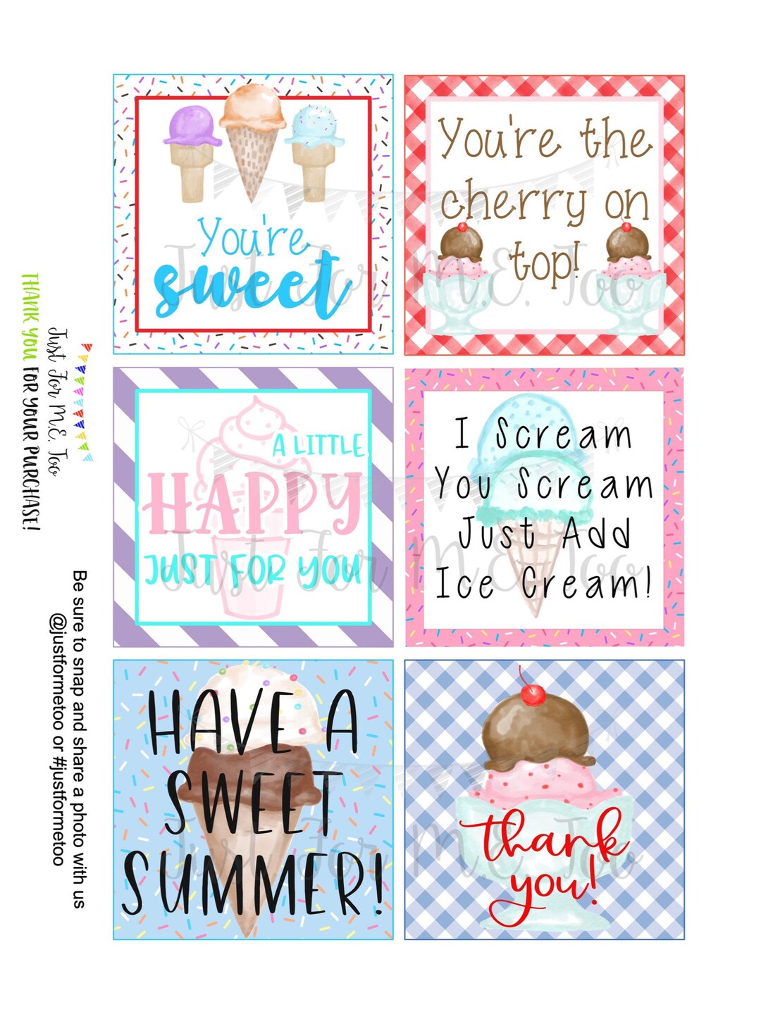 Ice Cream Gift Tag Bundle: Printable Square Tags (JPG Digital Download ...