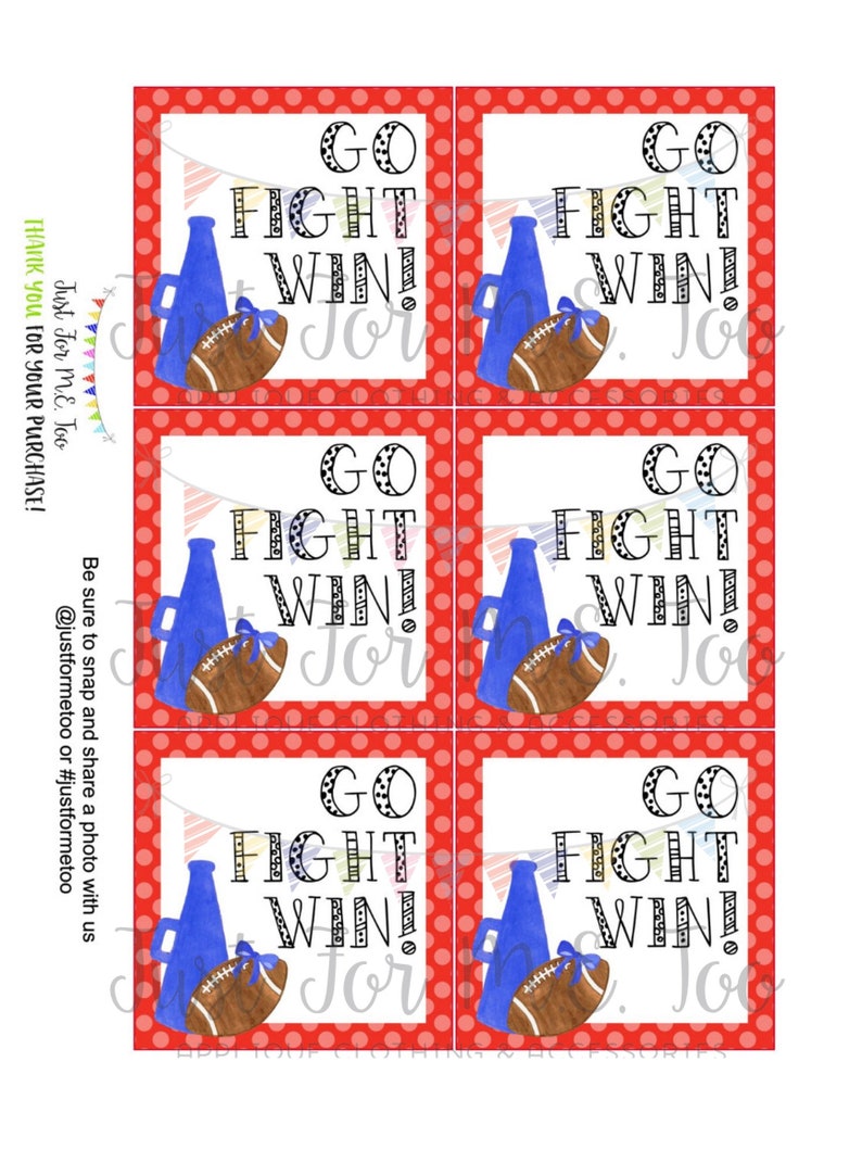 Football Printable Tags Go Fight Win Instant Download | Etsy