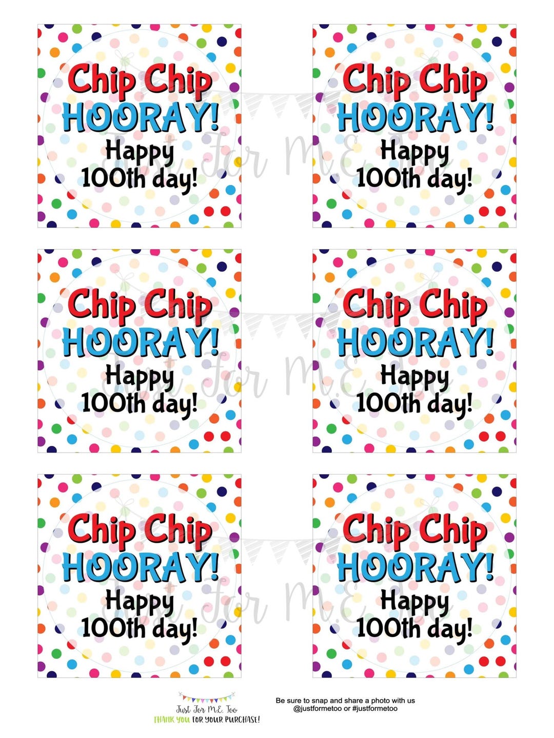100th Day of School Printable Tags: Chip Chip Hooray (digital Download ...