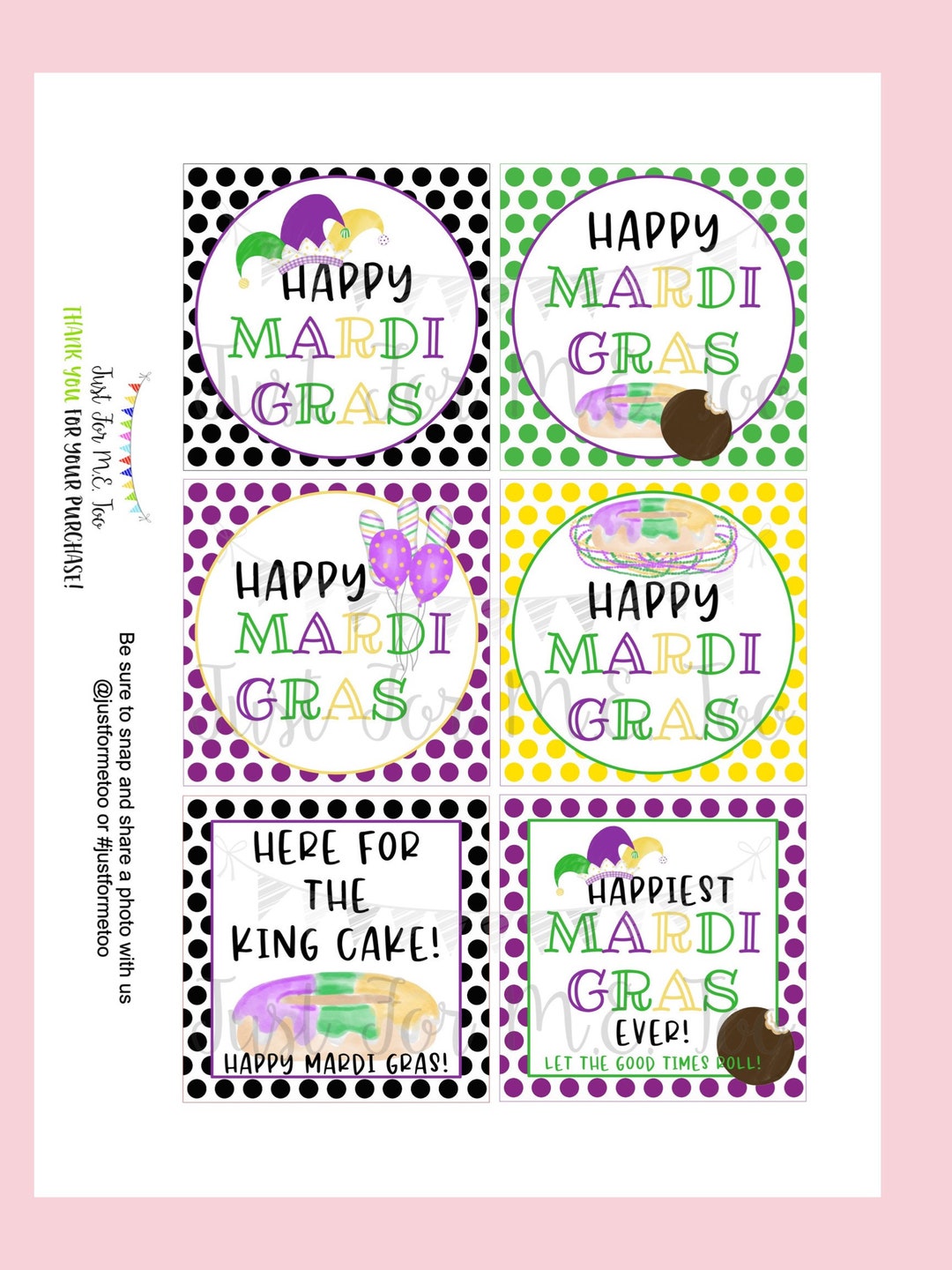 Mardi Gras Printable Tags, Instant Download, King Cake, Classroom Treat ...