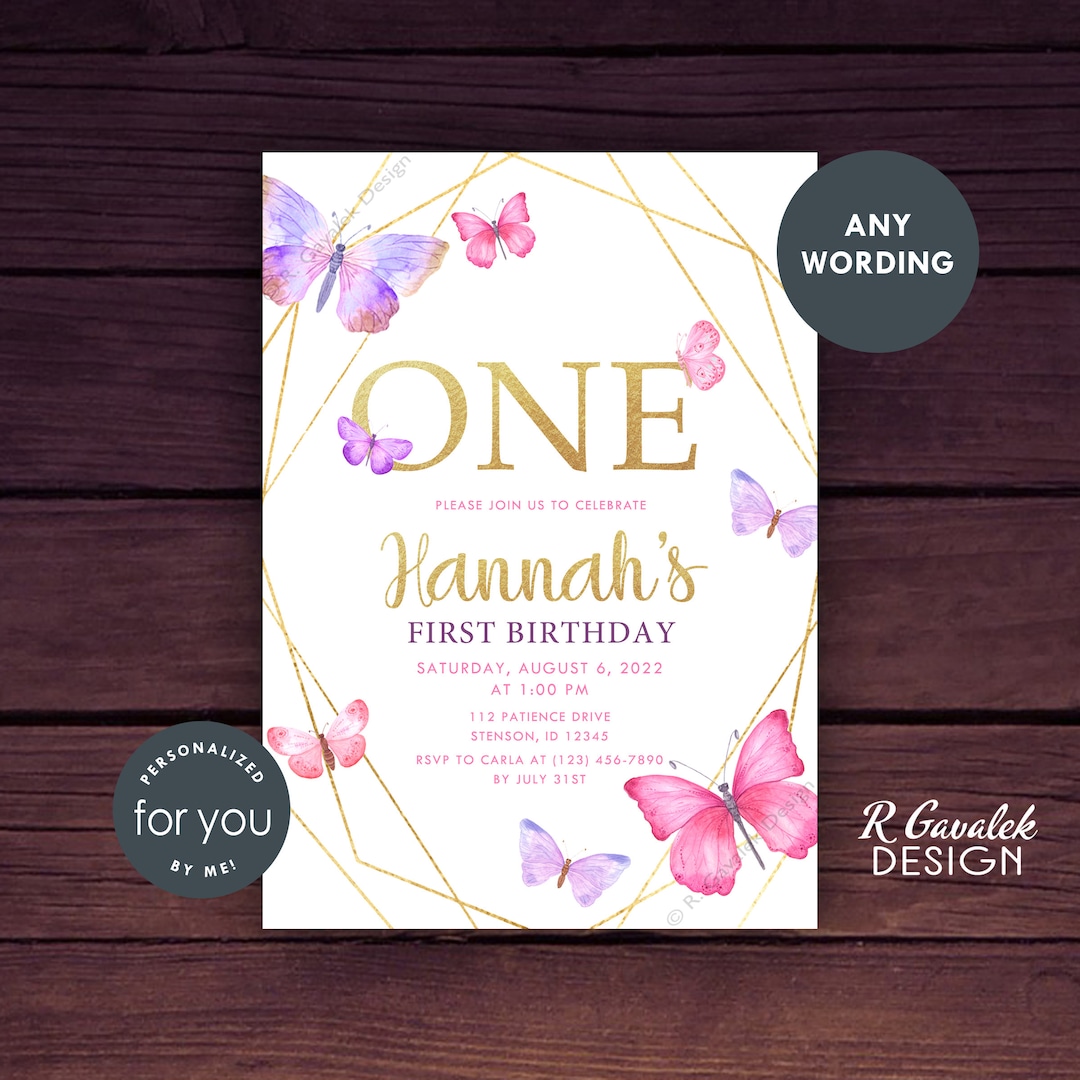 Butterfly First Birthday Invitation | Personalized Printable | Girl 1st ...