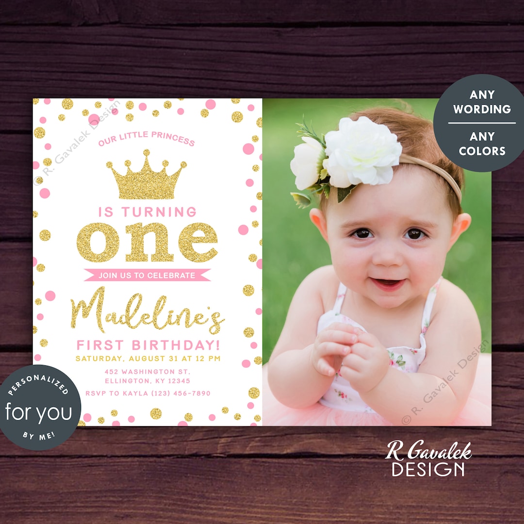 Princess 1st Birthday Photo Invitation | Personalized Printable | First ...