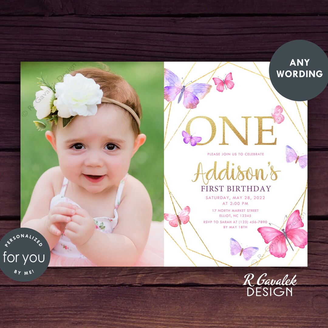 Butterfly First Birthday Photo Invitation | Personalized Printable ...