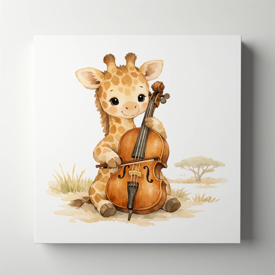 Safari Giraffe Cello Nursery Canvas, Zoo Animal Instrument Wall Art ...