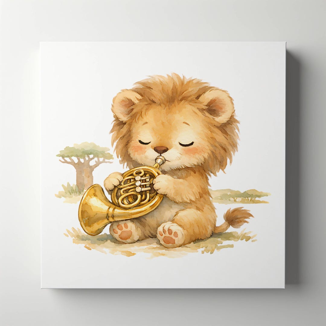 Safari Lion French Horn Drum Nursery Canvas, Zoo Animal Instrument Wall ...