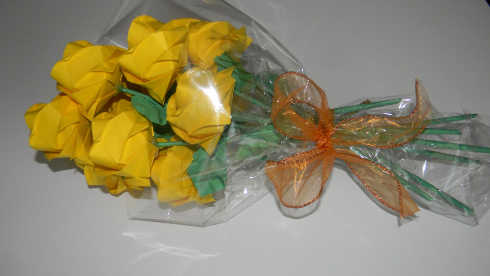 Yellow Origami Paper Rose Bouquet 12 Stems - Etsy