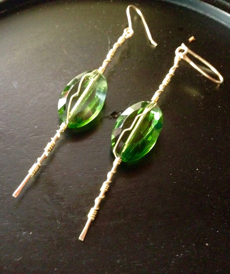 Dangle Wire Wrapped Green Crystal Earrings, Hammered Finished Brass and ...