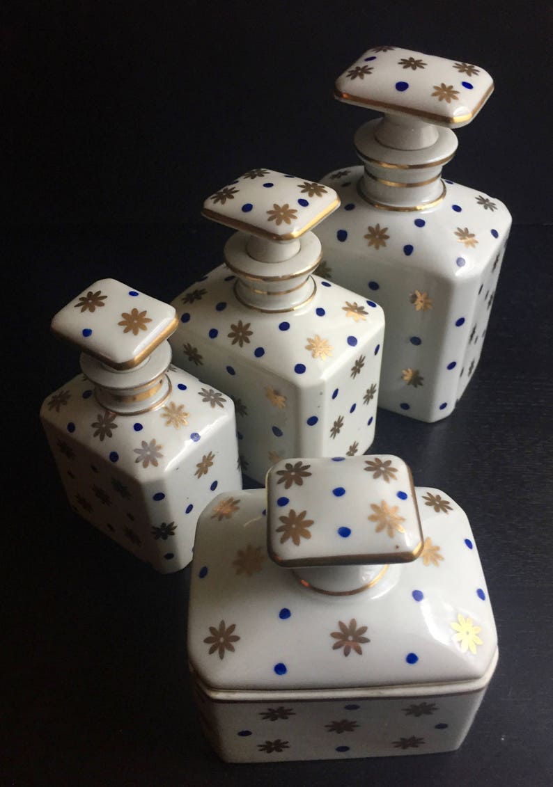 SALE Vintage French Limoges Vanity Set With Navy Blue Dots - Etsy