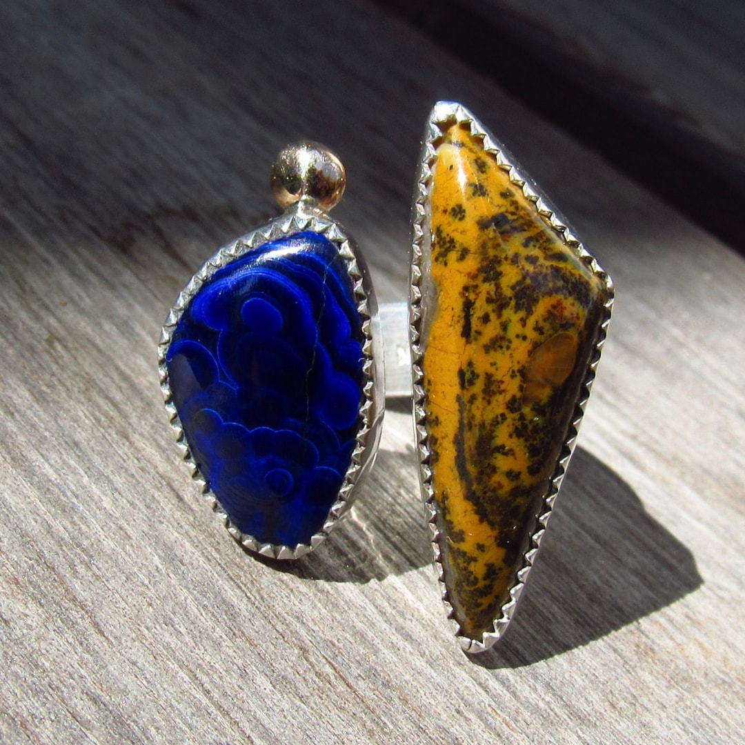 Siberian Azurite and California Rainbow Ridge Jasper 14k Yellow Gold ...