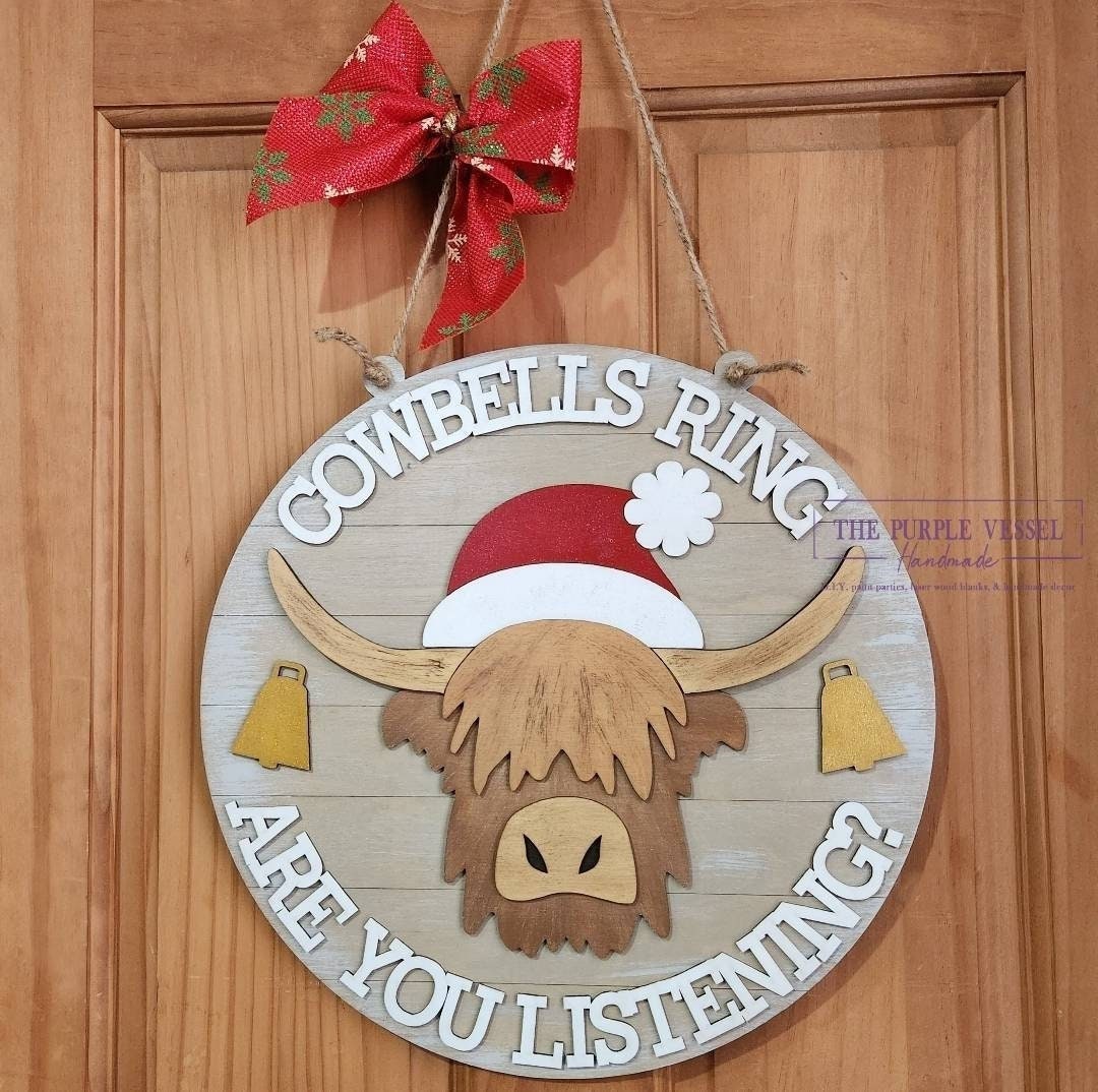 Christmas Door Hanger, Highland Cow Door Hanger, Farm Animal Decor ...