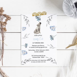 Wolf Cub Baby Boy Invitation in Blue Greys // Baby Wolf First Birthday ...
