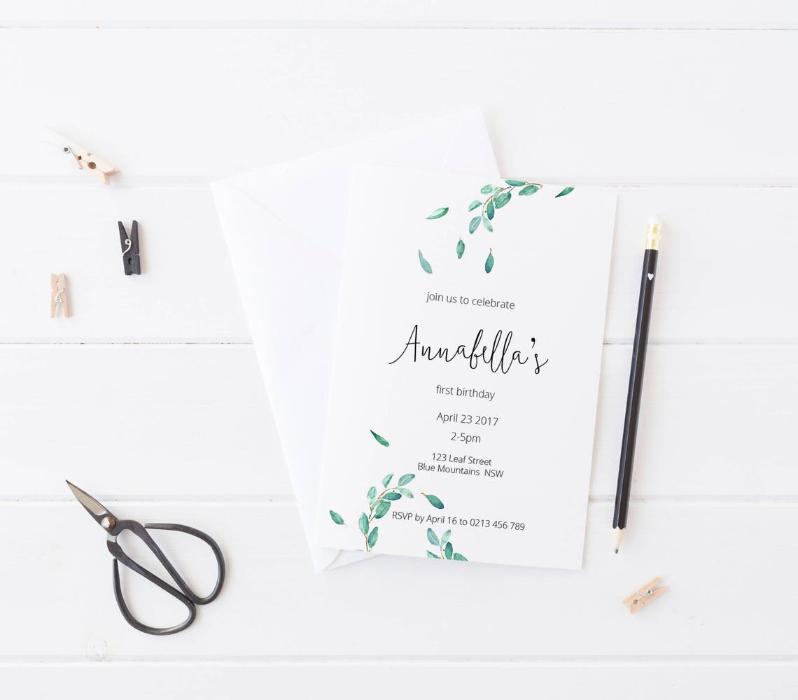 Minimal Gum Leaf Birthday Invitation // 21st Birthday Invite - Etsy ...
