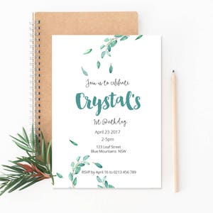 Minimal Gum Leaf Birthday Invitation // 21st Birthday Invite // 1st ...