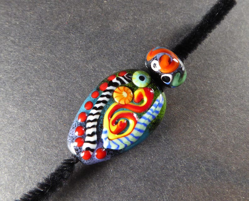 Colorful and Fun Set of 2 Lampwork Glass Beads on Black Hand Pulled Art ...