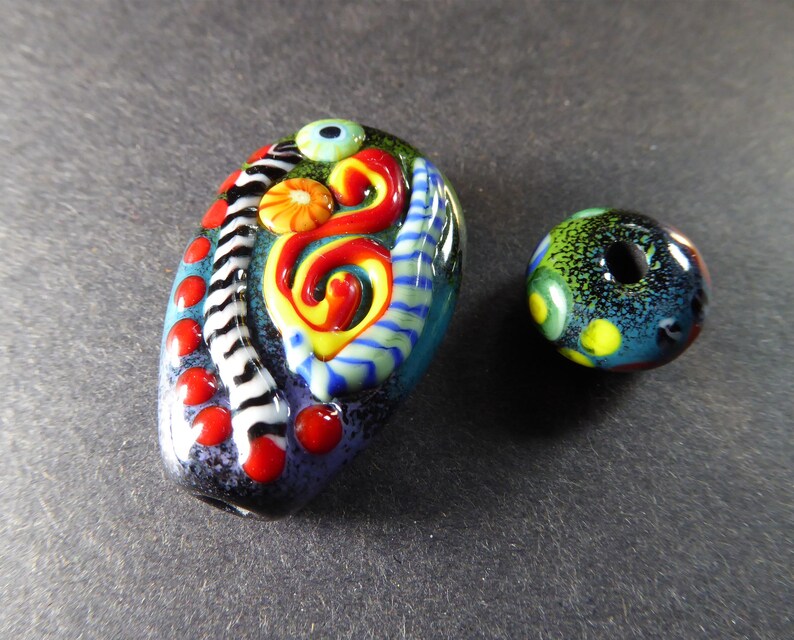 Colorful and Fun Set of 2 Lampwork Glass Beads on Black Hand Pulled Art ...