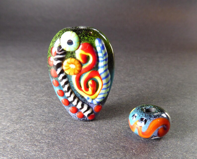 Colorful and Fun Set of 2 Lampwork Glass Beads on Black Hand Pulled Art ...