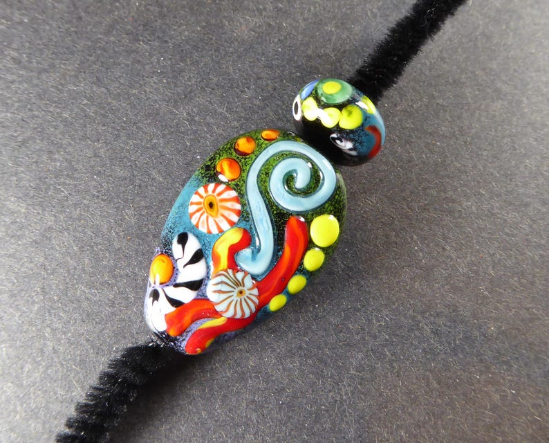 Colorful and Fun Set of 2 Lampwork Glass Beads on Black Hand Pulled Art ...