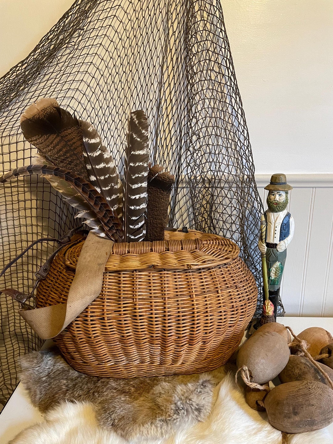 Wicker Fishing Creel - Unusual Oblong Salmon Trout Fisherman's Creel ...