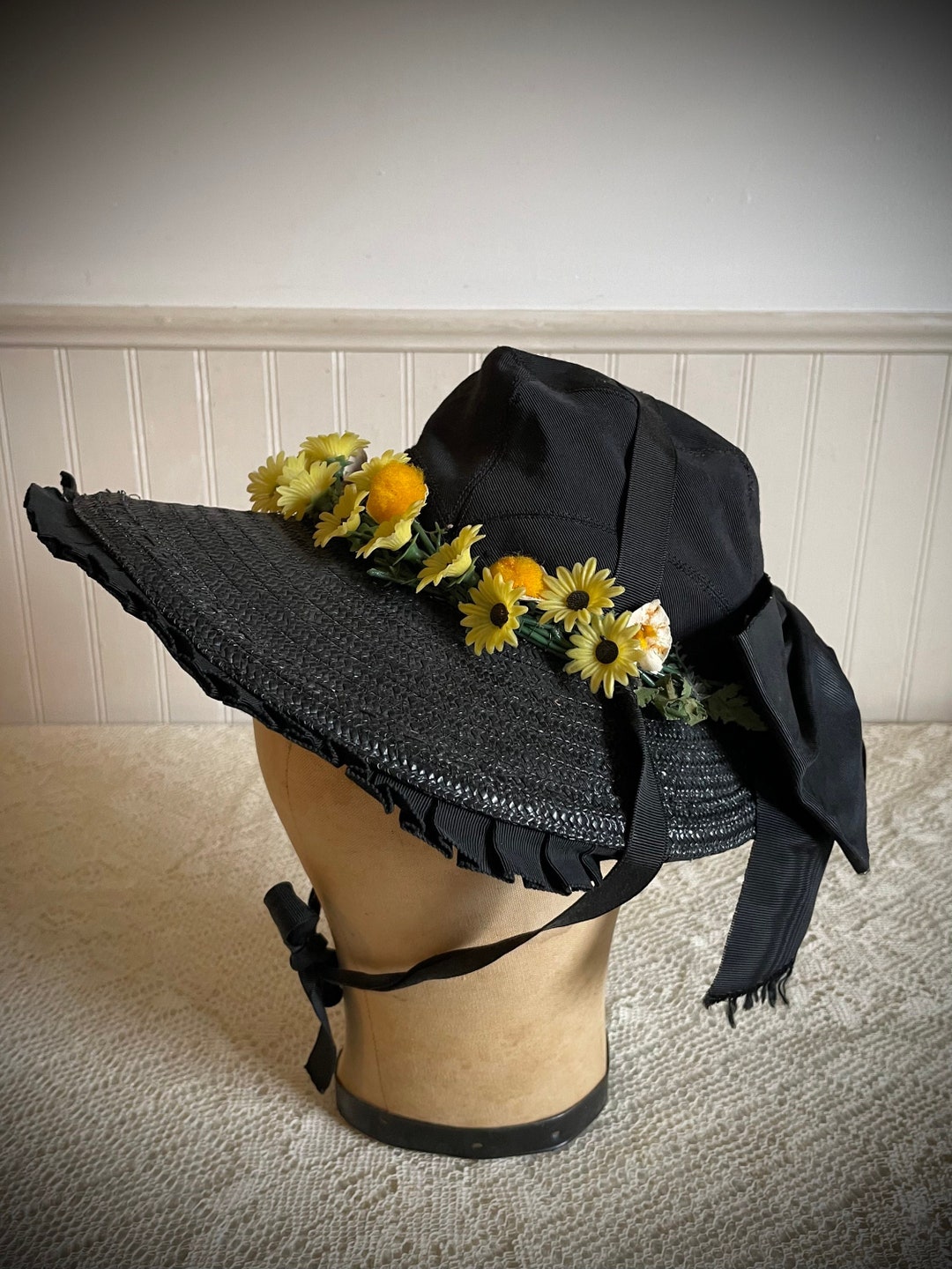 Black Victorian Hat - French Weave Brim Ruffles Ribbon Daisy Trimmed ...