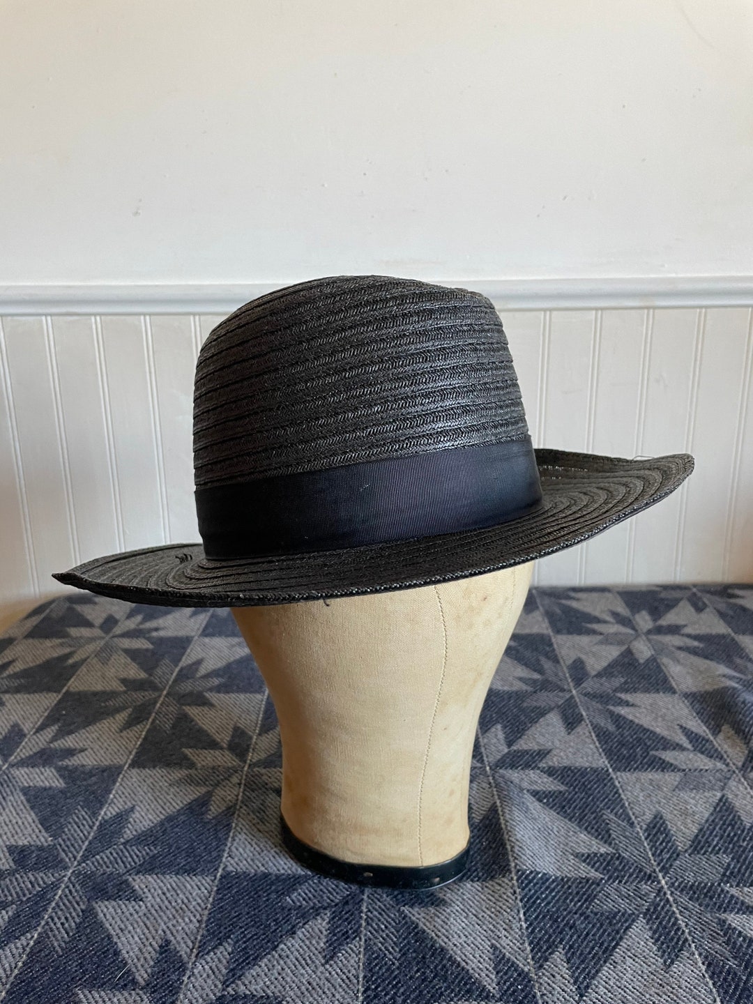 Amish Straw Hat 6 3/4 Authentic Black Straw Brim Fedora Size 54 Long ...