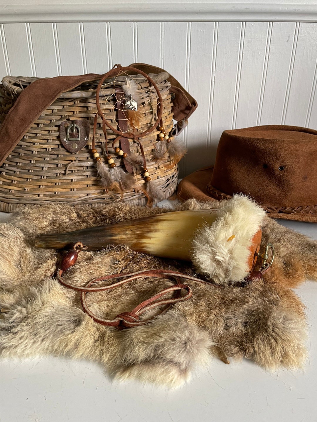 Black Powder Horn Rabbit Fur Trim Muzzle Loader Horn Long Gun Priming ...