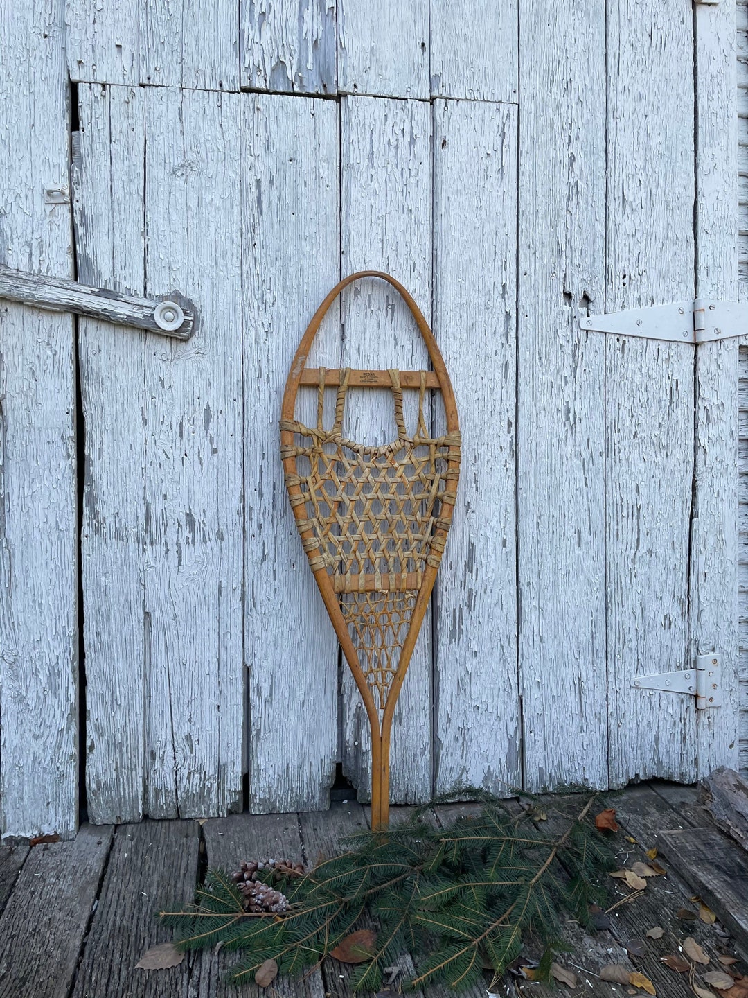 Wooden Snowshoe Single Canada Hand Strung Indian Craft Rawhide Cabin ...