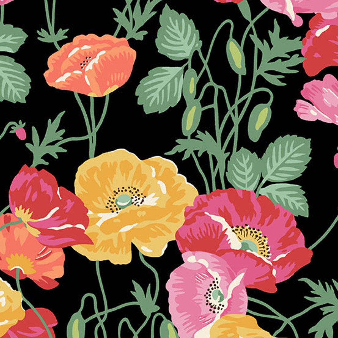 Black Floral Fabric by the Yard by Andover Fabrics Poppies Line, Black ...