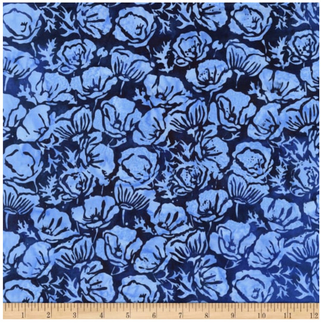 Blue Batik Fabric by the Yard by Island Batik Poppies in Lake Blue ...