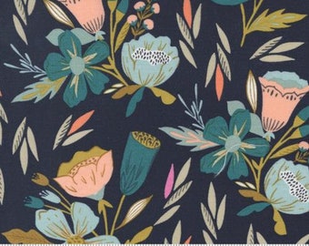 Watercolor Roses on Dark Blue Fabric Tiny Pink Watercolor Rose on Dark ...