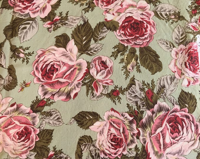 Green Fabric by the Yard Green Floral Fabric Pink Rose Fabric Green and ...