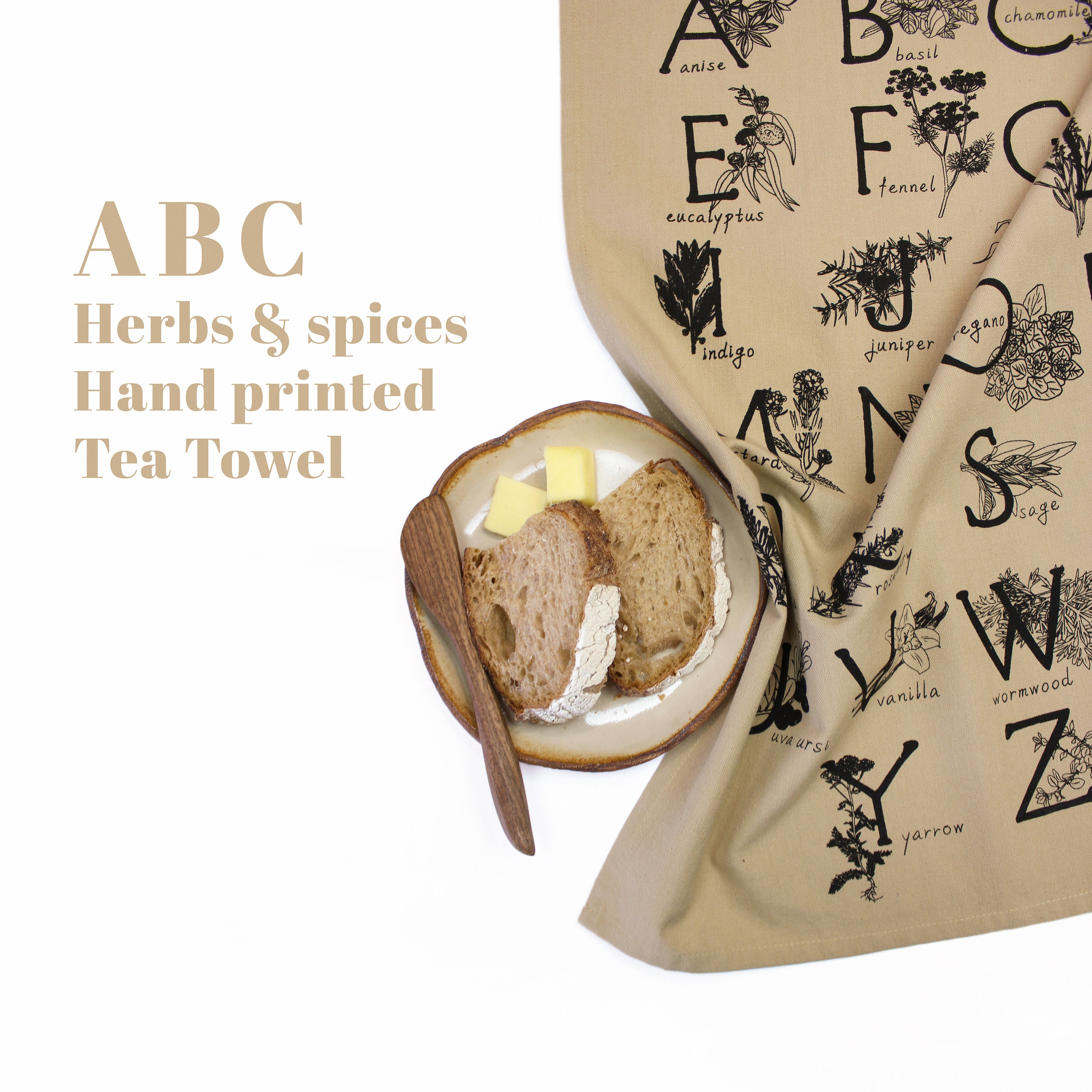 ABC HERBS & SPICES Hand Printed Tea Towel / Handmade Gift / | Etsy