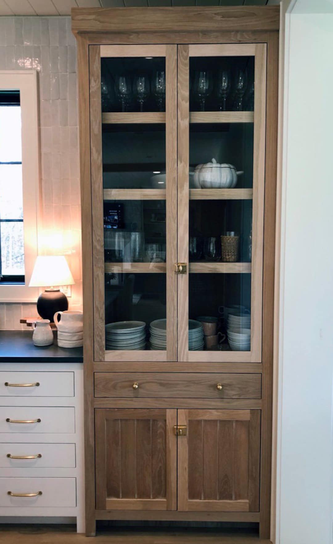 White Oak Kitchen Storage Hutch Glass Doors - Etsy