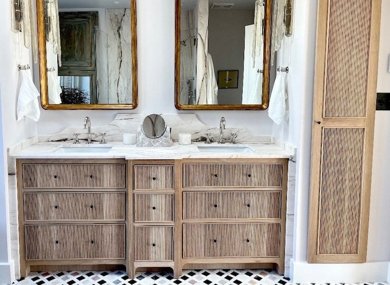 72" Custom Order Solid White Oak Vanity, Reeded Fronts, Maple Dovetail ...