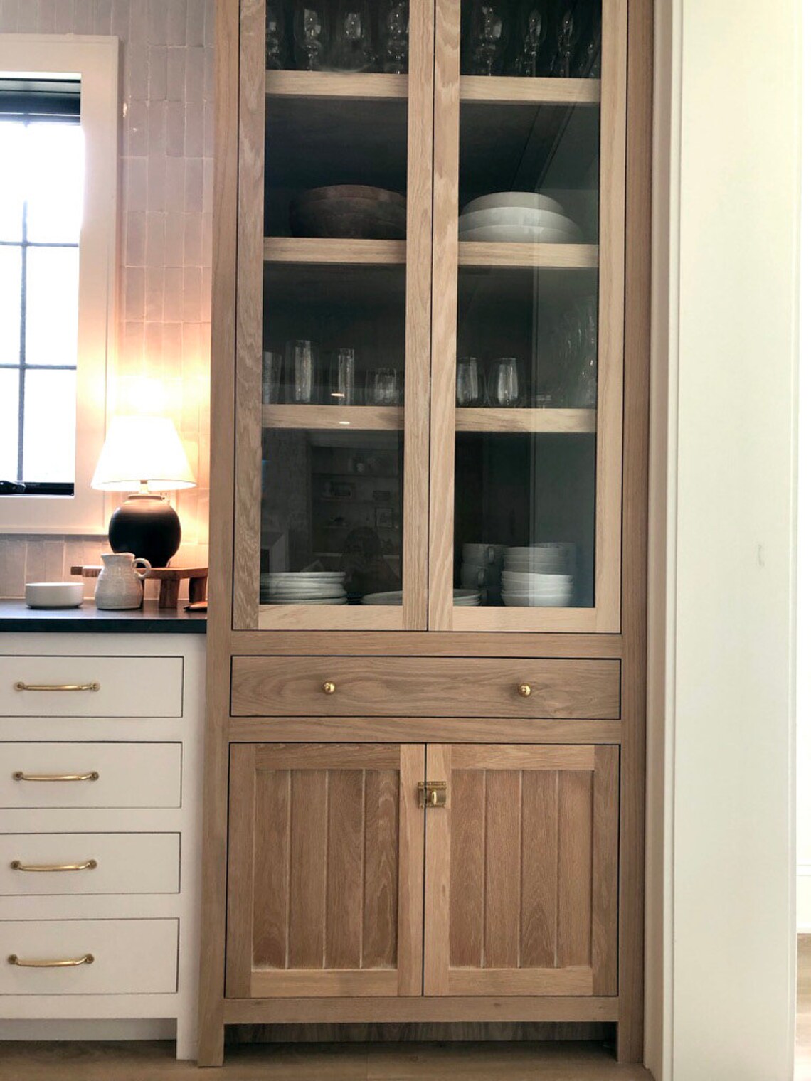 White Oak Kitchen Storage Hutch Glass Doors - Etsy