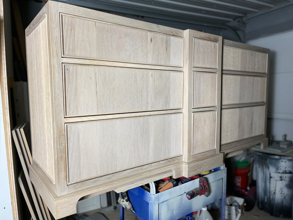 72" Custom Order Solid White Oak Vanity, Reeded Fronts, Maple Dovetail ...