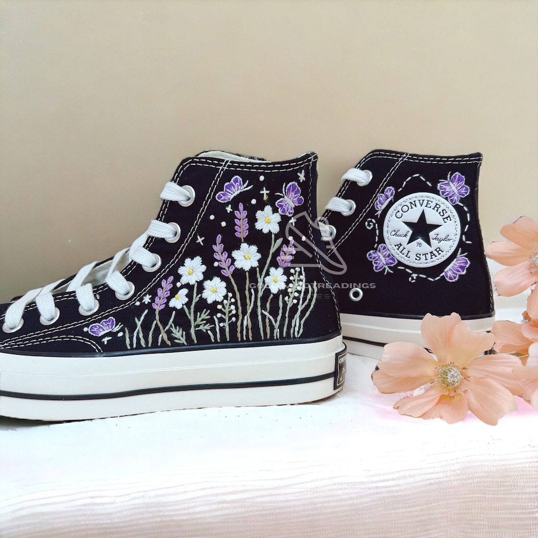 Personalized Embroidered Colorful Flower Shoes High Tops 1970s Custom Butterfly Embroidered ...