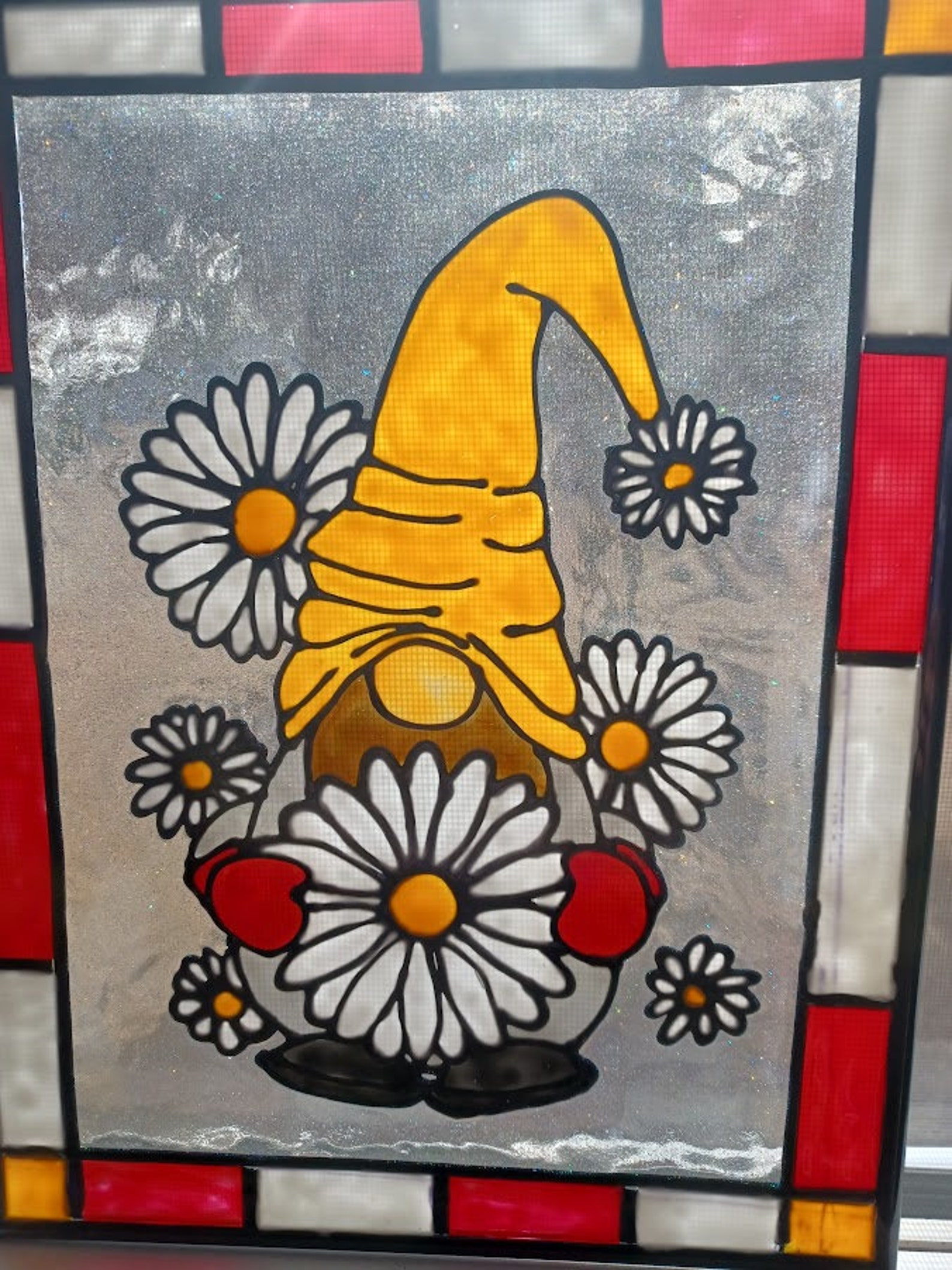 Gnome and Daisies Stained Glass Window Panel Hand Painted - Etsy