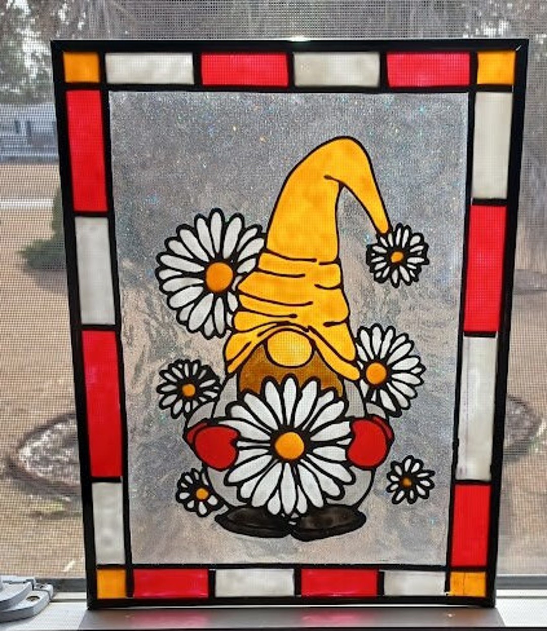 Gnome and Daisies Stained Glass Window Panel Hand Painted - Etsy