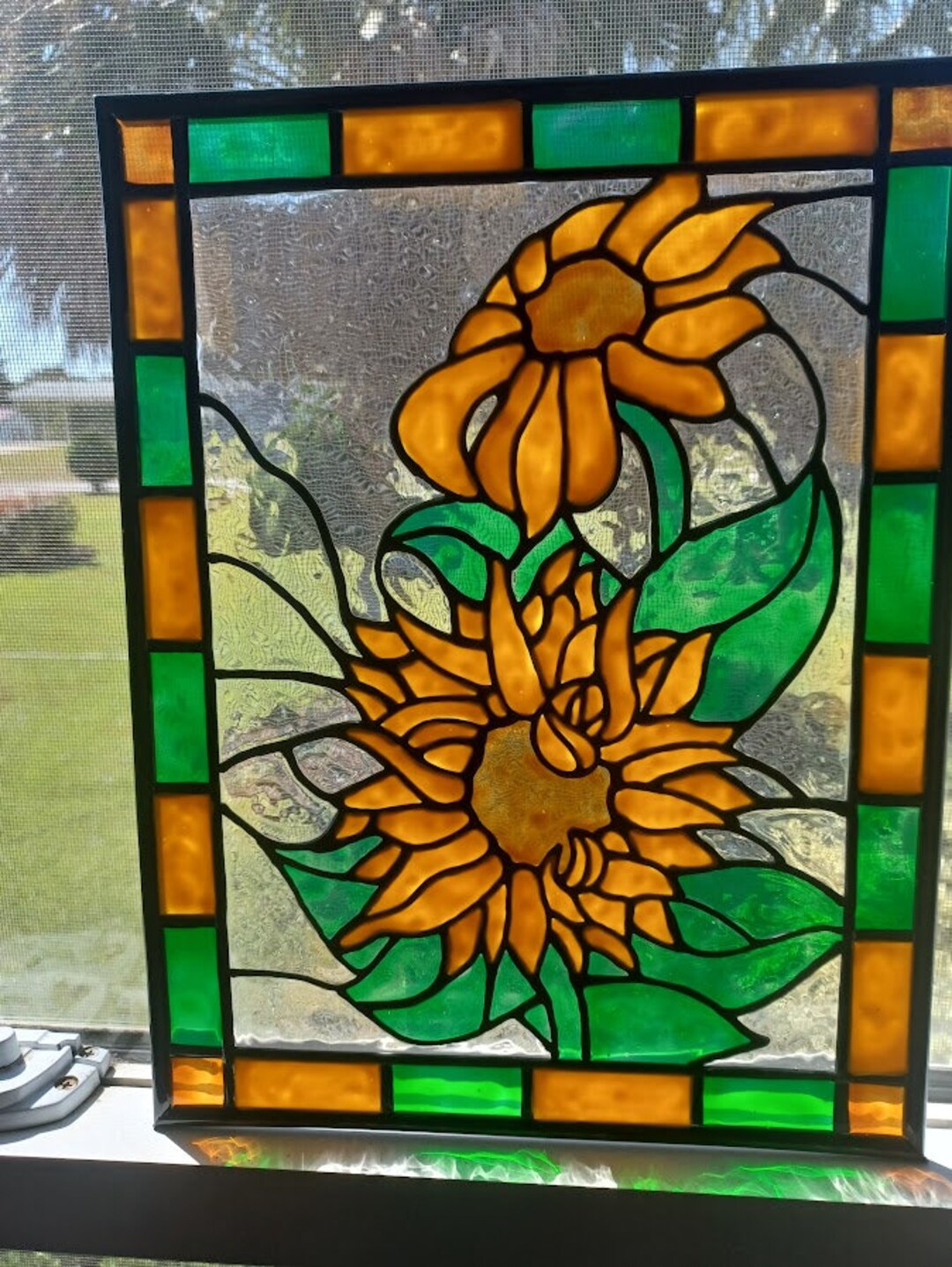 Sunflowers Stained Glass Window Panel Hand Painted. - Etsy