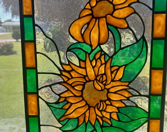 Sunflowers Stained Glass Window Panel Hand Painted. - Etsy