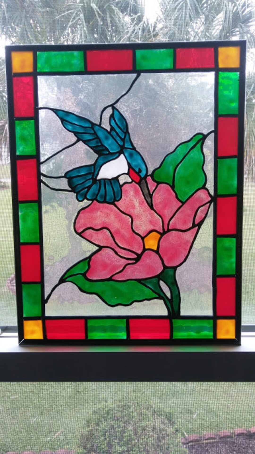 Hummingbird Stained Glass Window Panel Hand Painted - Etsy
