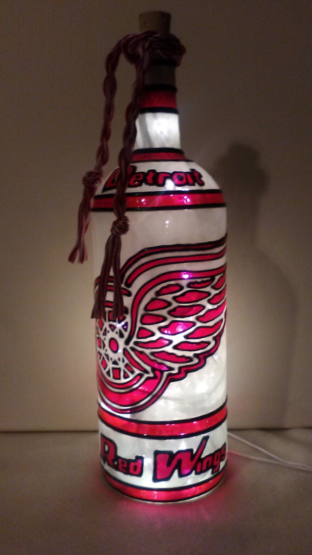 Detroit Red Wings Inspired Bottle Lamp Hand Painted Stained Glass Look ...