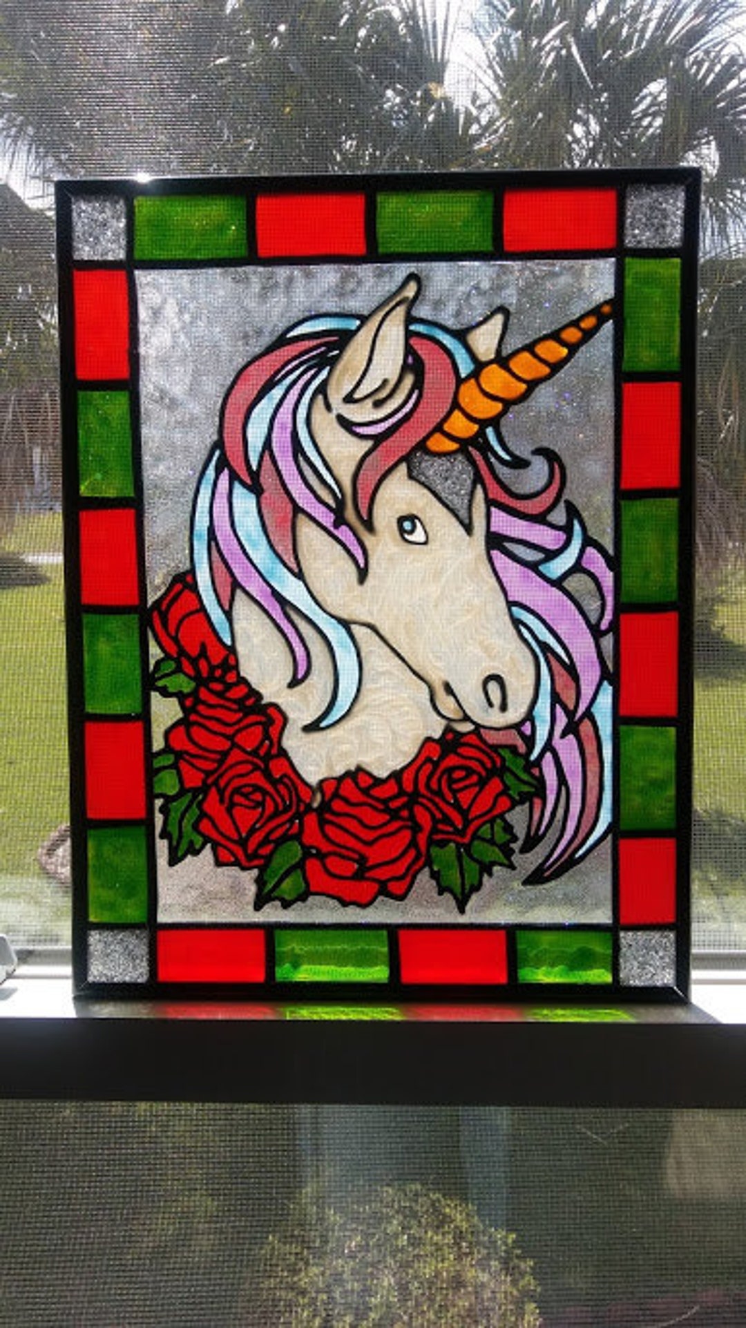 Unicorn and Roses Stained Glass Window Panel Hand Painted - Etsy