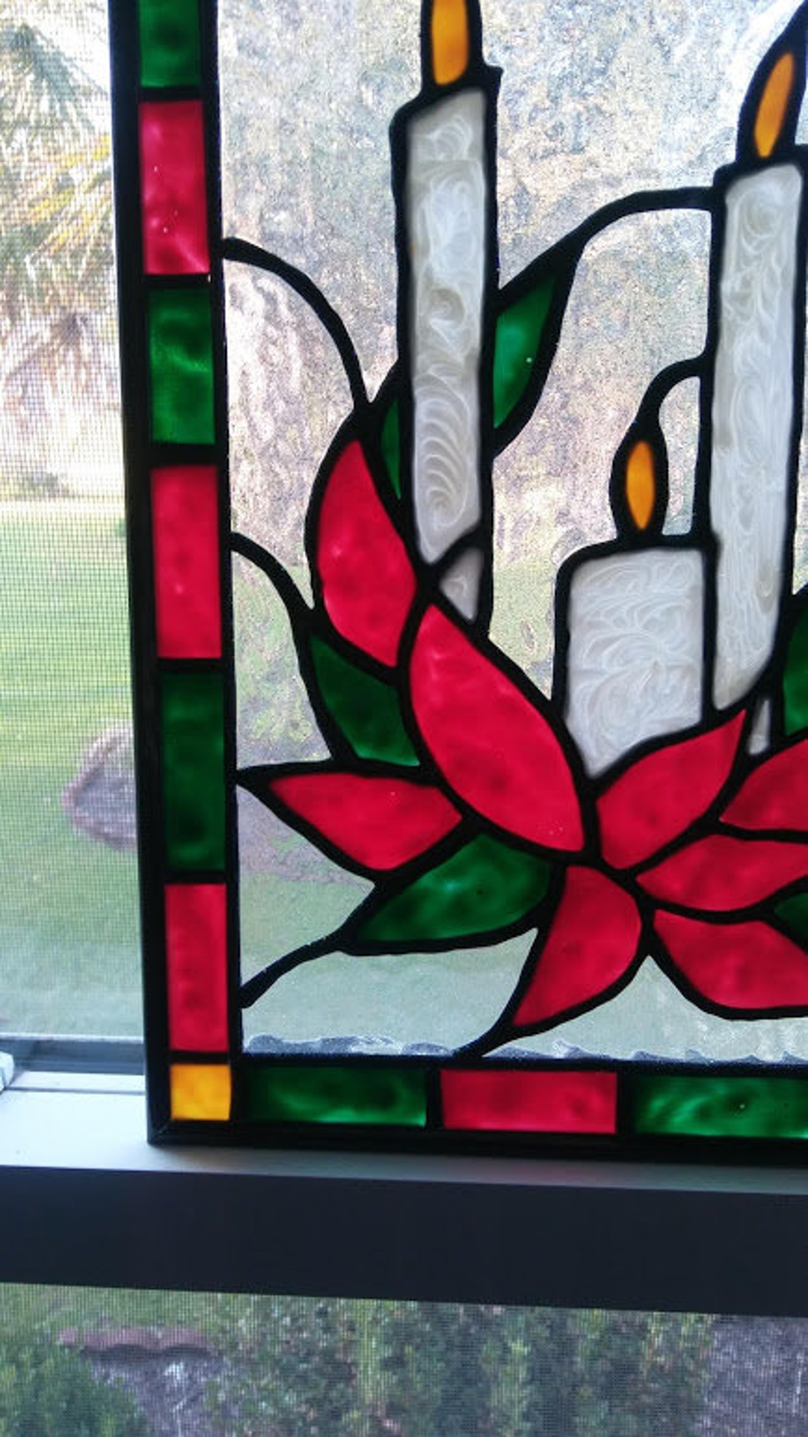Christmas Candles Stained Glass Window Panel Hand Painted | Etsy