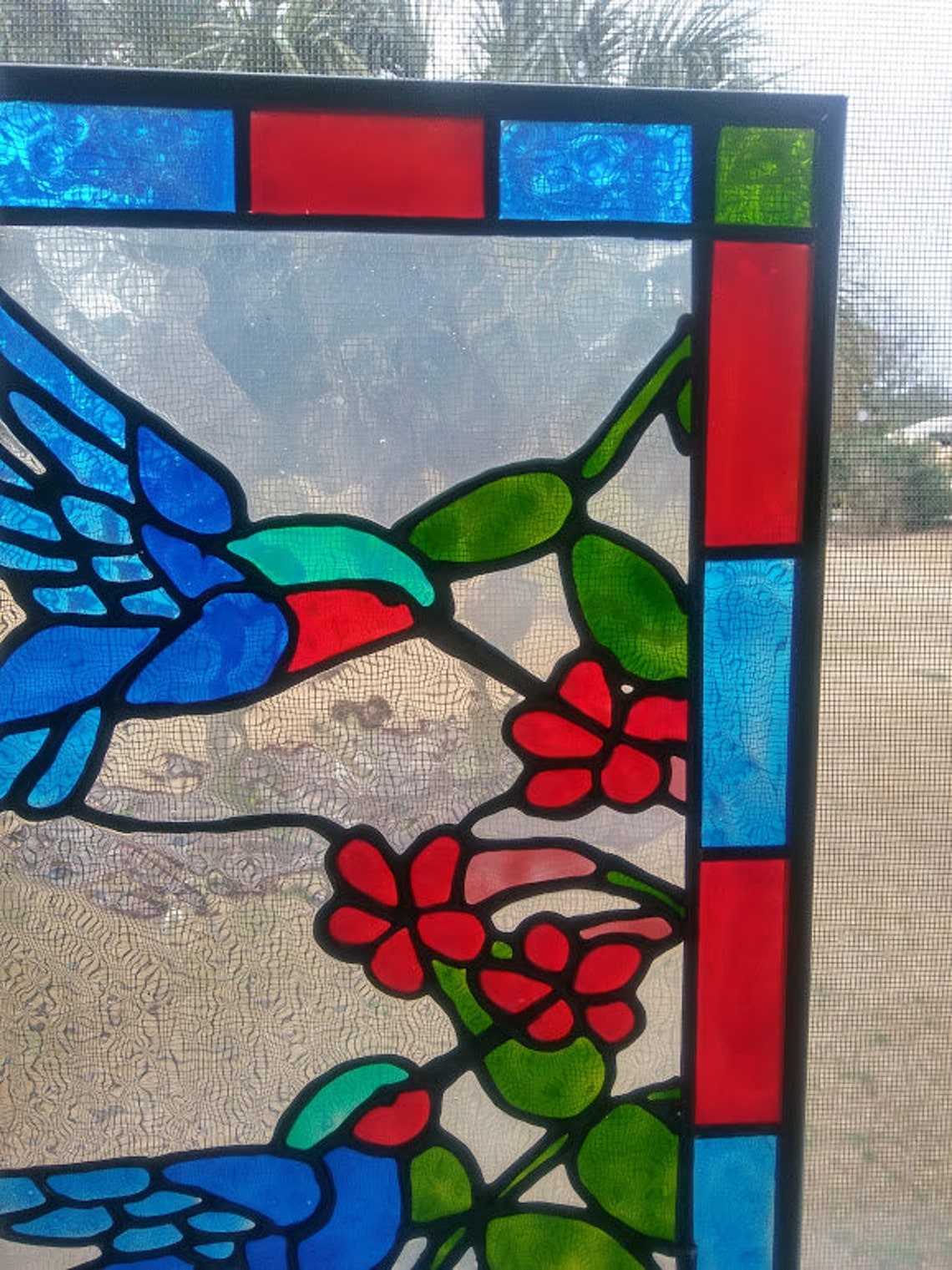 Hummingbirds Stained Glass Window Panel Hand Painted | Etsy Canada