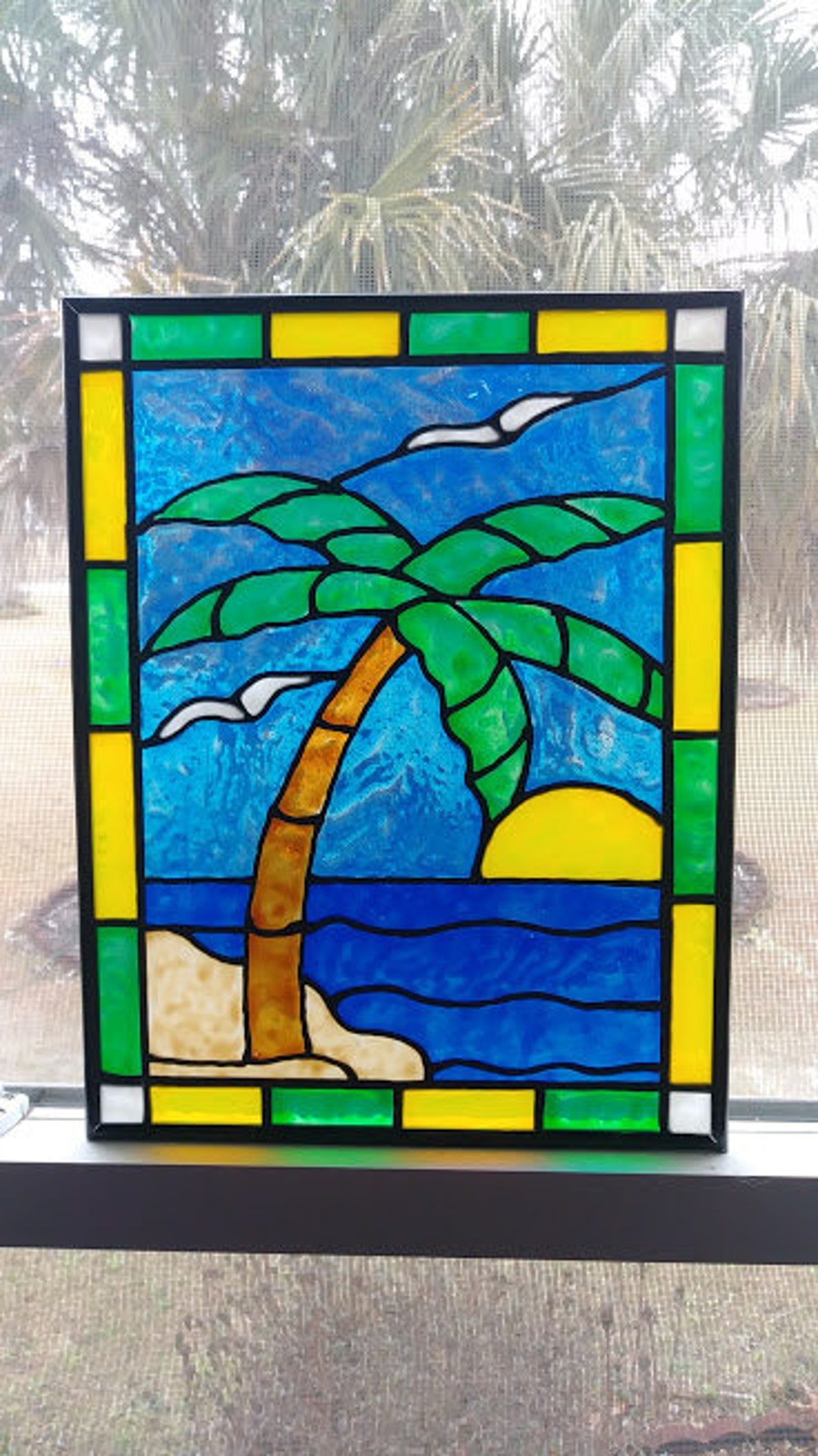 Palm Tree and Beach Stained Glass Window Panel Hand Painted - Etsy