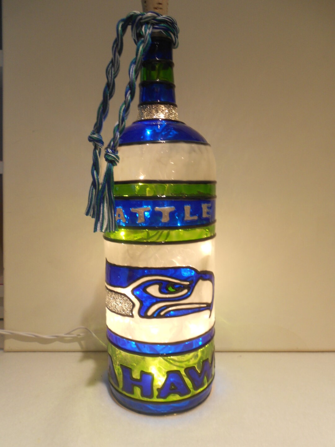 Seattle Seahawks Inspired Bottle Lamp Handpainted Stained Glass Look - Etsy