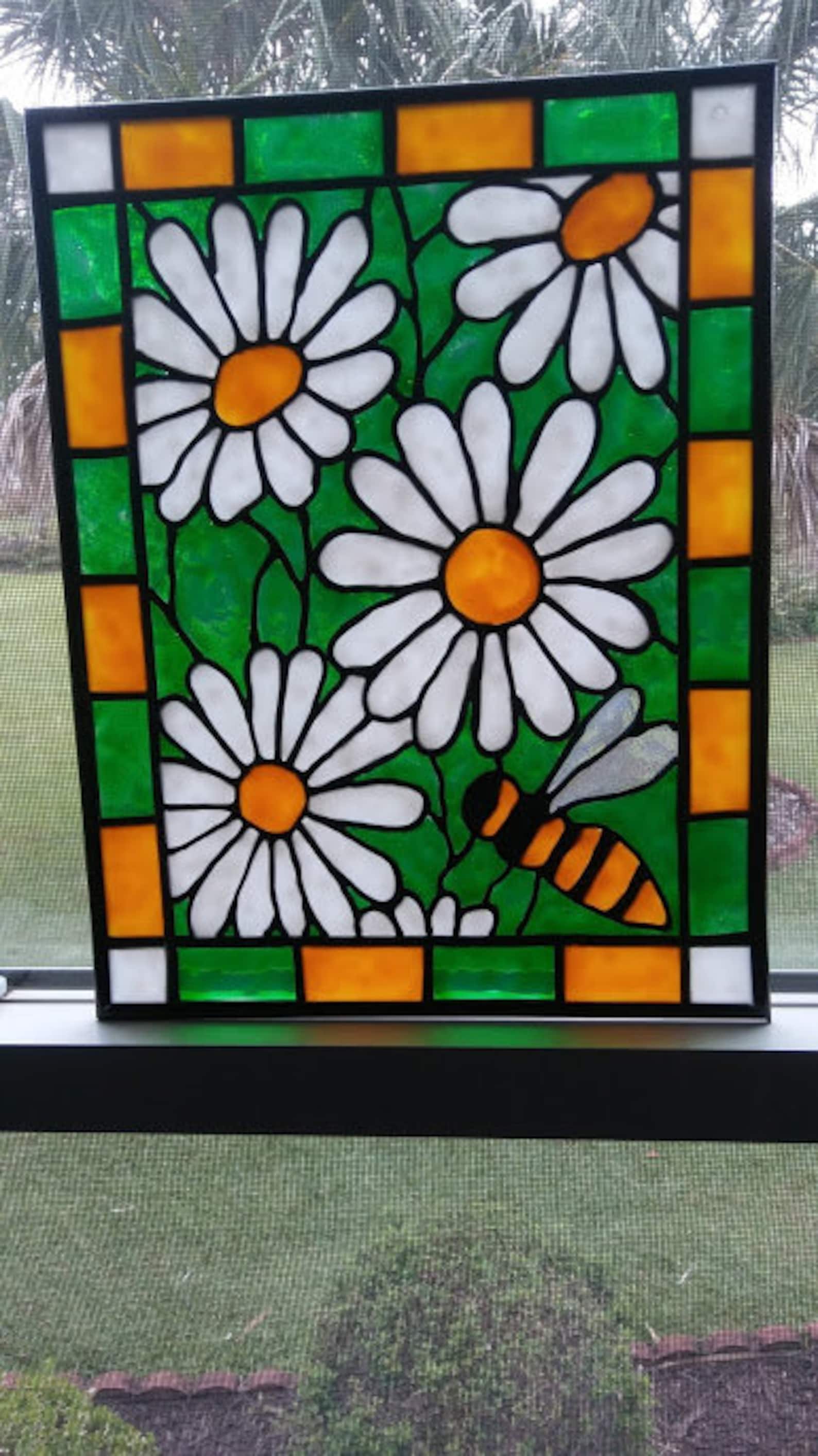 Daisies Stained Glass Window Panel Hand Painted | Etsy
